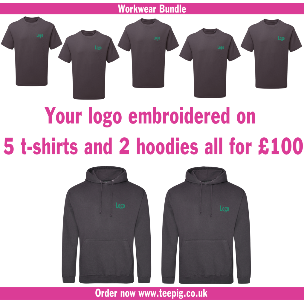 Workwear Bundle 5 T-shirts and 2 Hoodies embroidered for £100